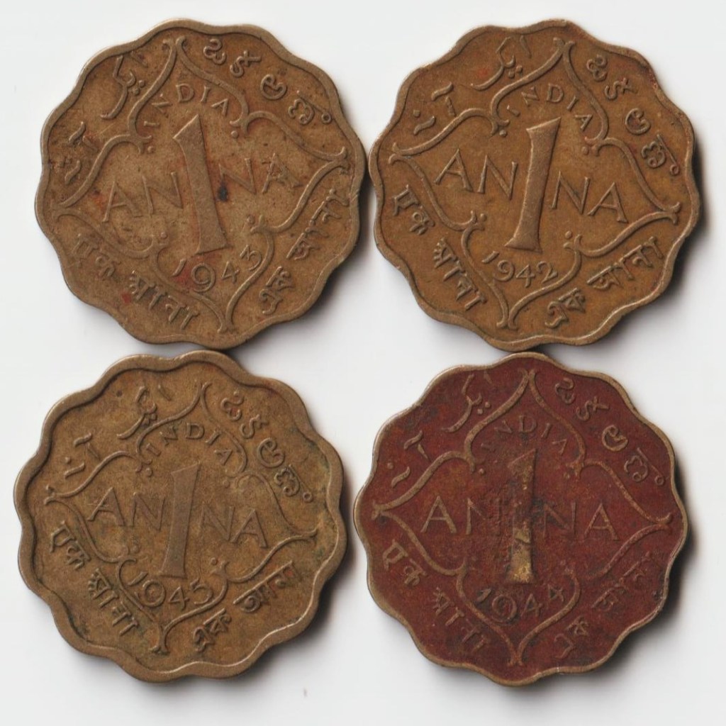 4 Coins Set of One Anna 1942 to 1945 Nickel-Brass Coins Set of George ...