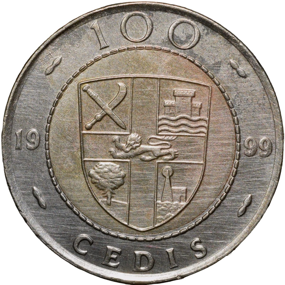 Bi-Metallic 100 Cedis of Ghana Country (AD 1999) with Cocoa Plants ...