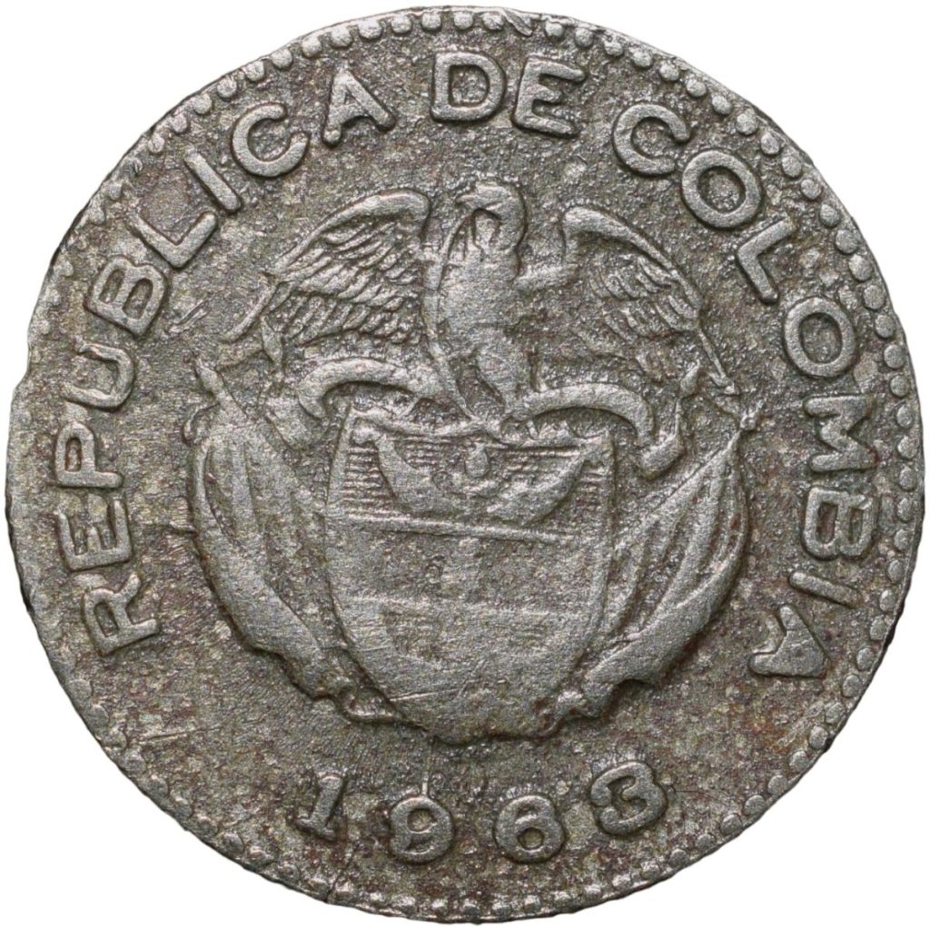 Old Copper-Nickel 10 Pesos of Colombia Country (AD 1963) with portrait ...