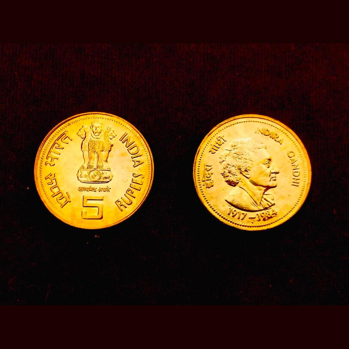 Rs 5 Indira Gandhi Coin GOLD PLATED Unique Top Top Quality - Coinbazzar.com
