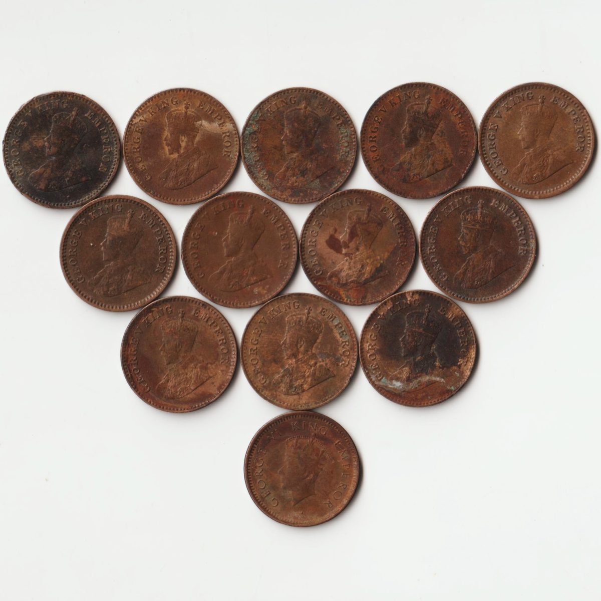 13 Coins Set of 1/12 Anna 1912 to 1939 Bronze Coins of King George V ...