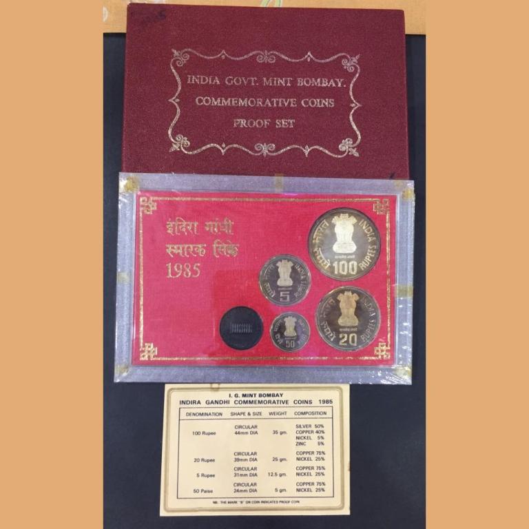 1985 proof set indira Gandhi 4 pcs set rare with card box and ...