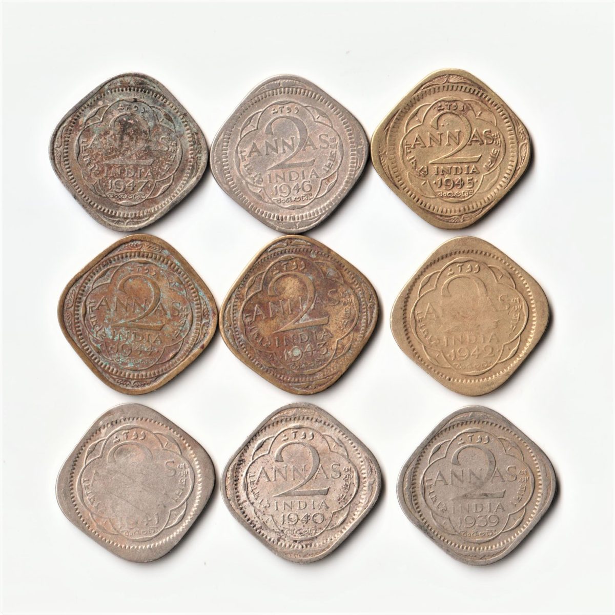 9 Coin Set of Two Anna 1939 to 1947 Copper-Nickel Coin of George VI ...