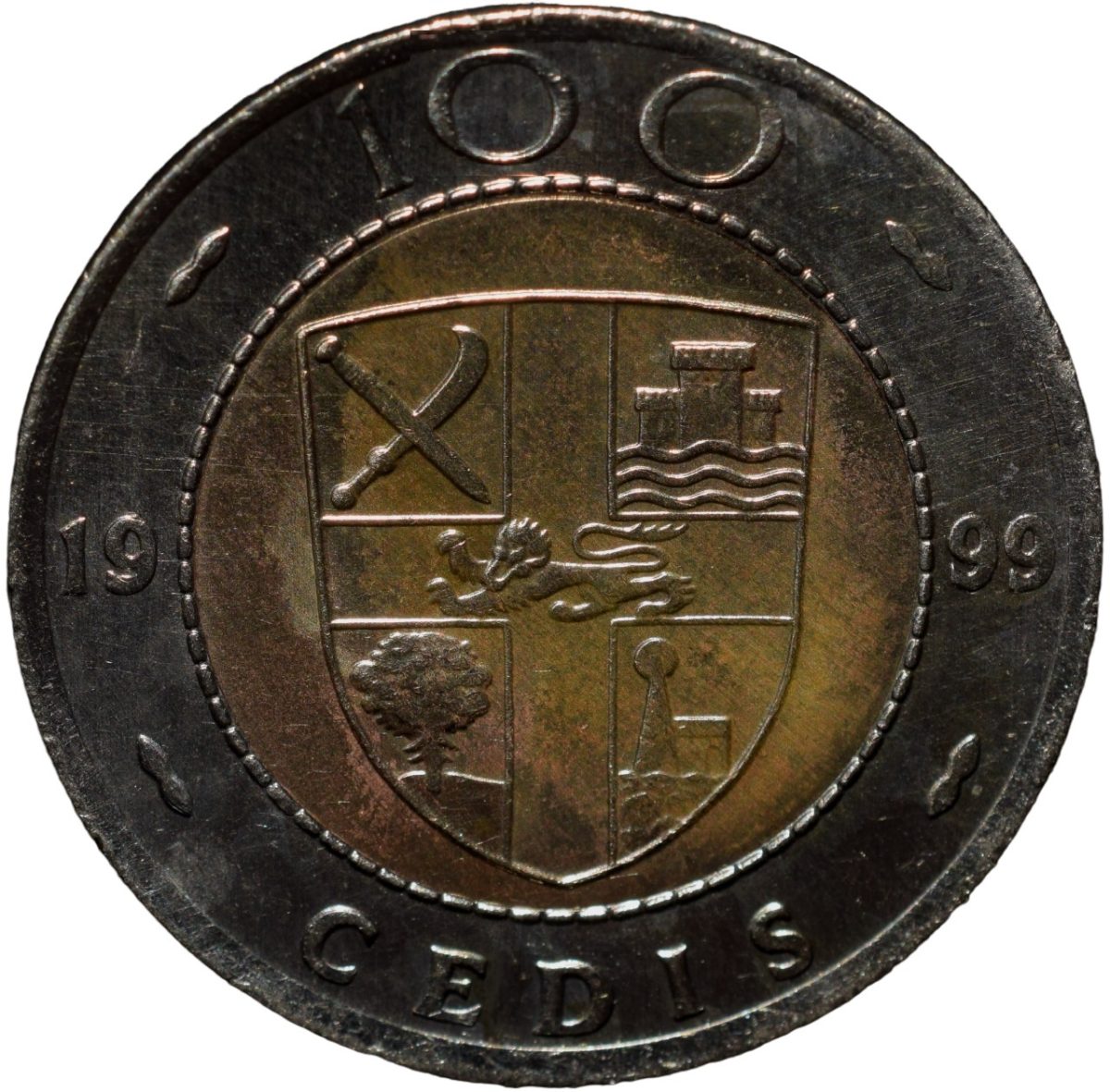 Bi-Metallic 100 Cedis of Ghana Country (AD 1999) with Cocoa Plants ...