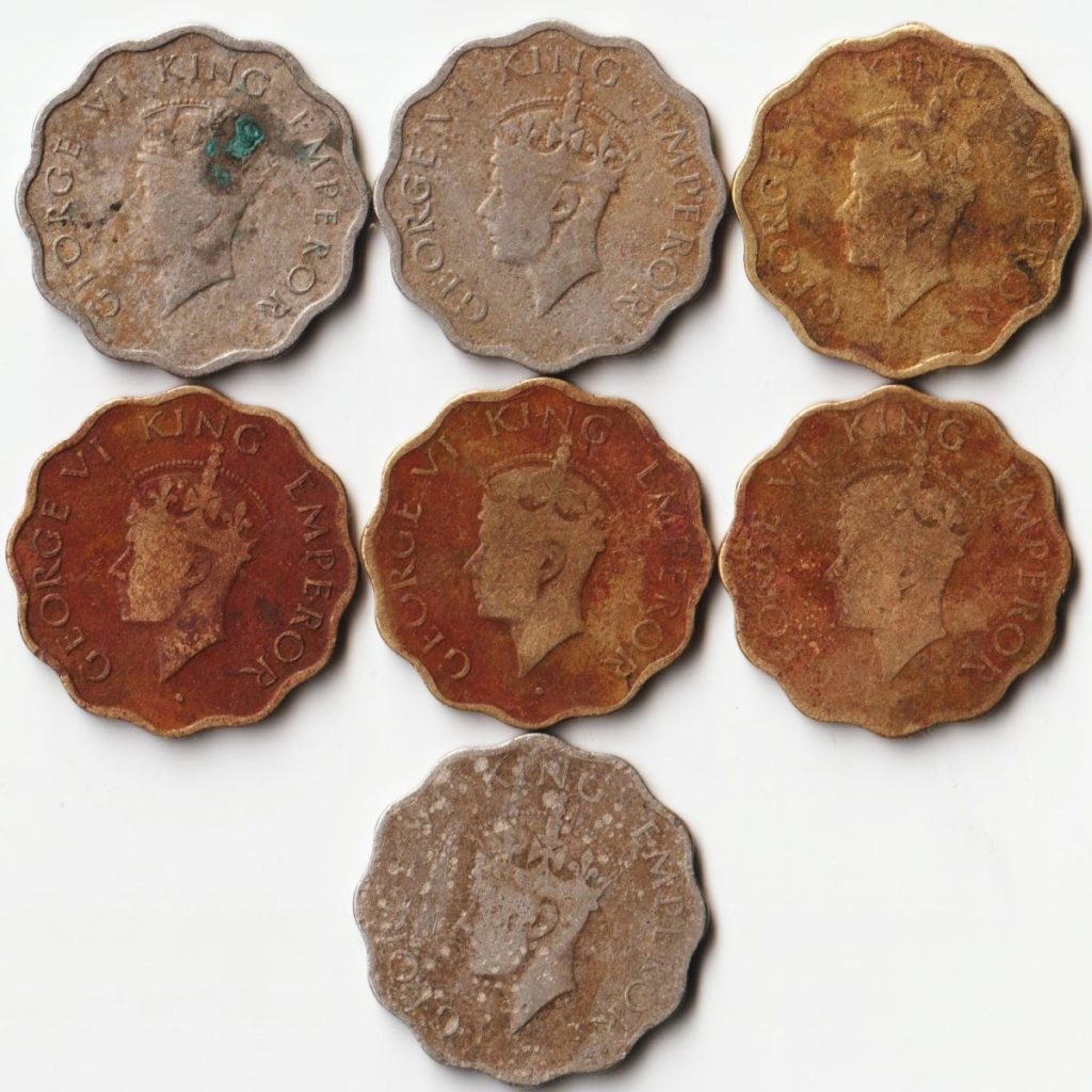 7 Coins Set of One Anna 1939 to1946 of George VI King Emperor British ...
