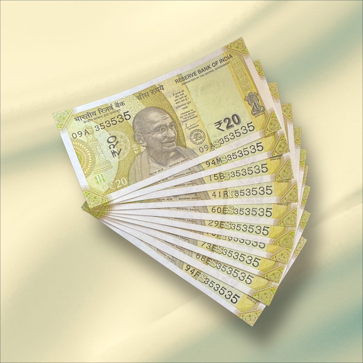 Rs 20 India Banknote Triple Number 10 Note Set Number 353535 Gem Unc ...
