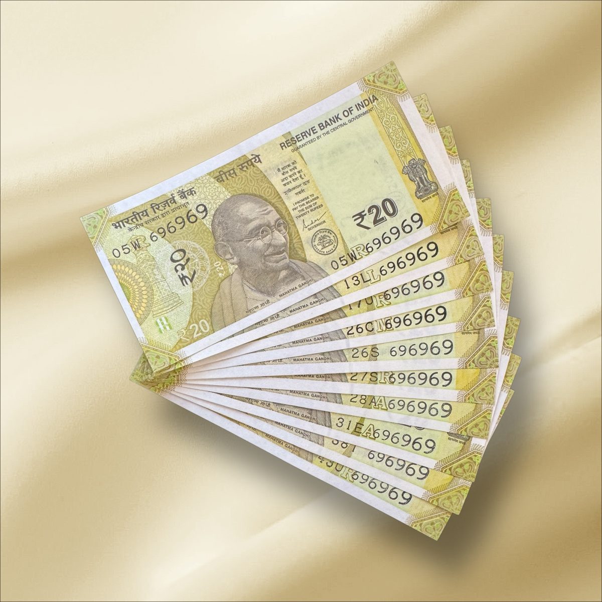 Rs 20 India Banknote Triple Number 10 Note Set Number 696969 Gem Unc ...