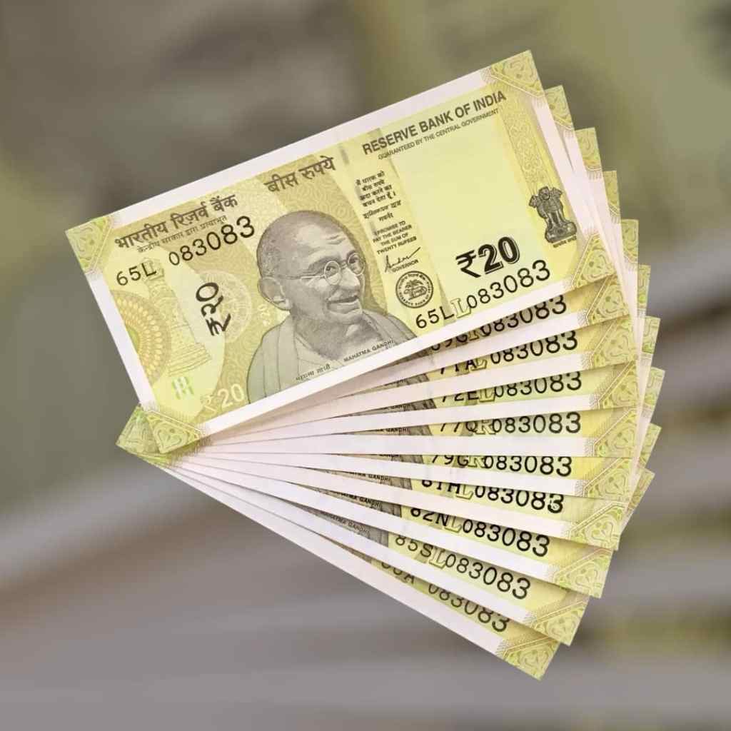 RS 20 INDIA BANK NOTE SEMI FANCY 10 NOTE SAME NUMBER SETS 083083 UNIQUE ...