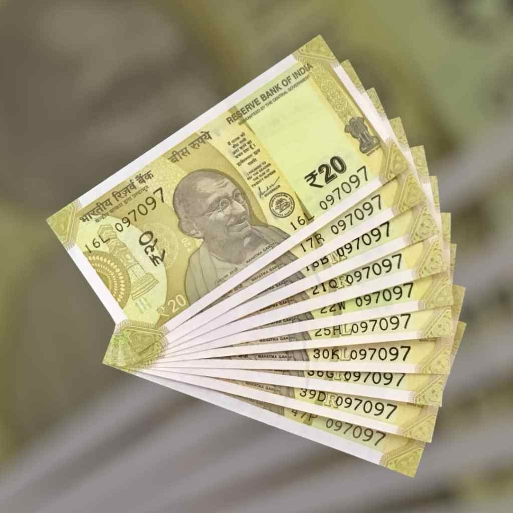 RS 20 INDIA BANK NOTE SEMI FANCY 10 NOTE SAME NUMBER SETS 097097 UNIQUE ...