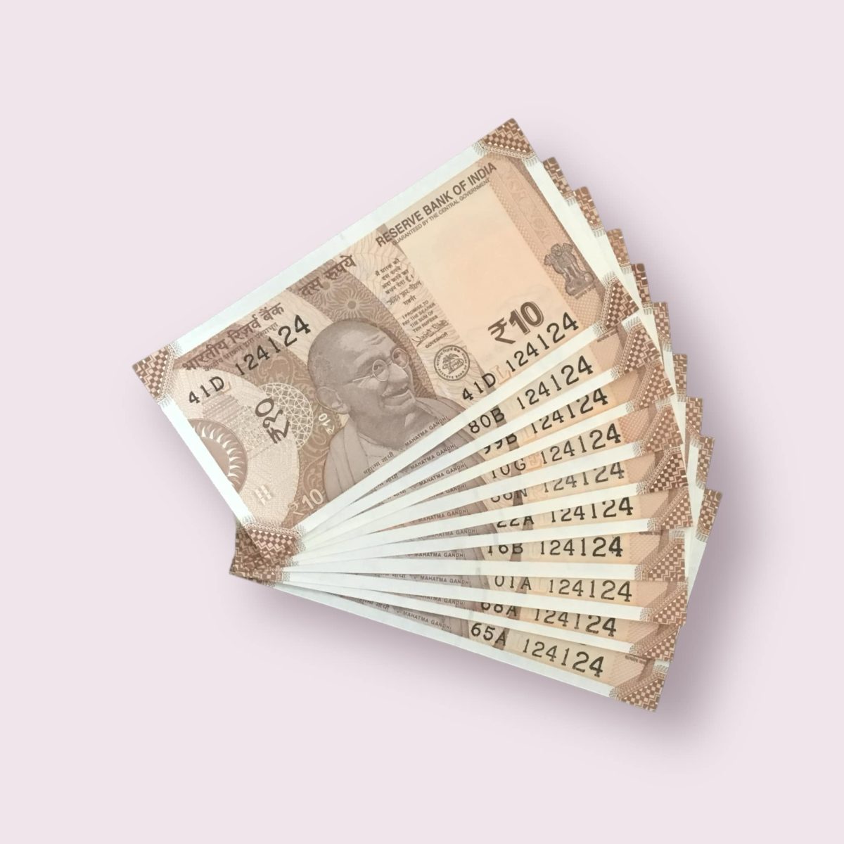 RS 10/- INDIA BANK NOTE SEMI FANCY 10 NOTE SAME NUMBER SET 124124 ...