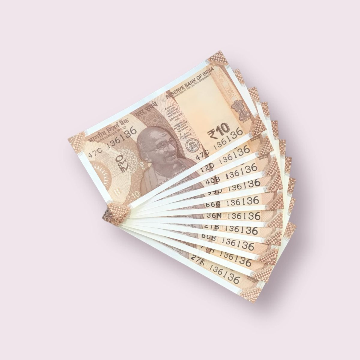 RS 10/- INDIA BANK NOTE SEMI FANCY 10 NOTE SAME NUMBER SET 136136 ...