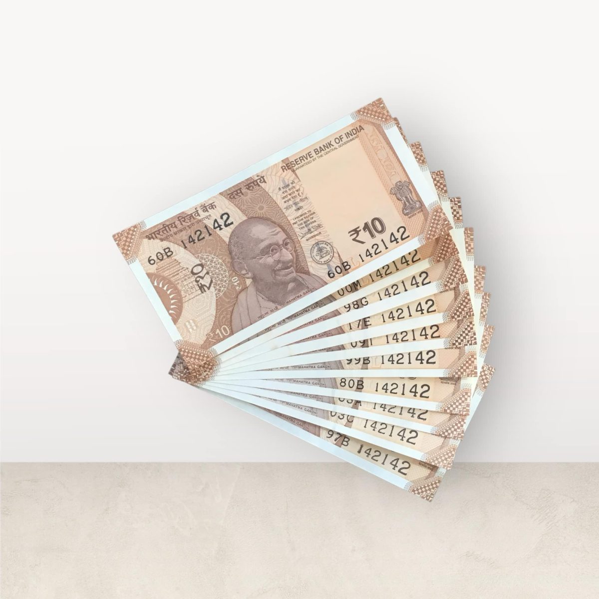RS 10/- INDIA BANK NOTE SEMI FANCY 10 NOTE SAME NUMBER SET 142142 UNIQUE AND RARE - Coinbazzar.com