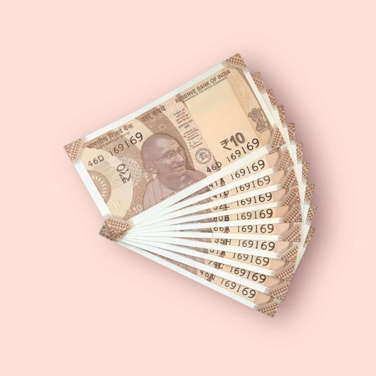 RS 10/- INDIA BANK NOTE SEMI FANCY 10 NOTE SAME NUMBER SET 169169 ...