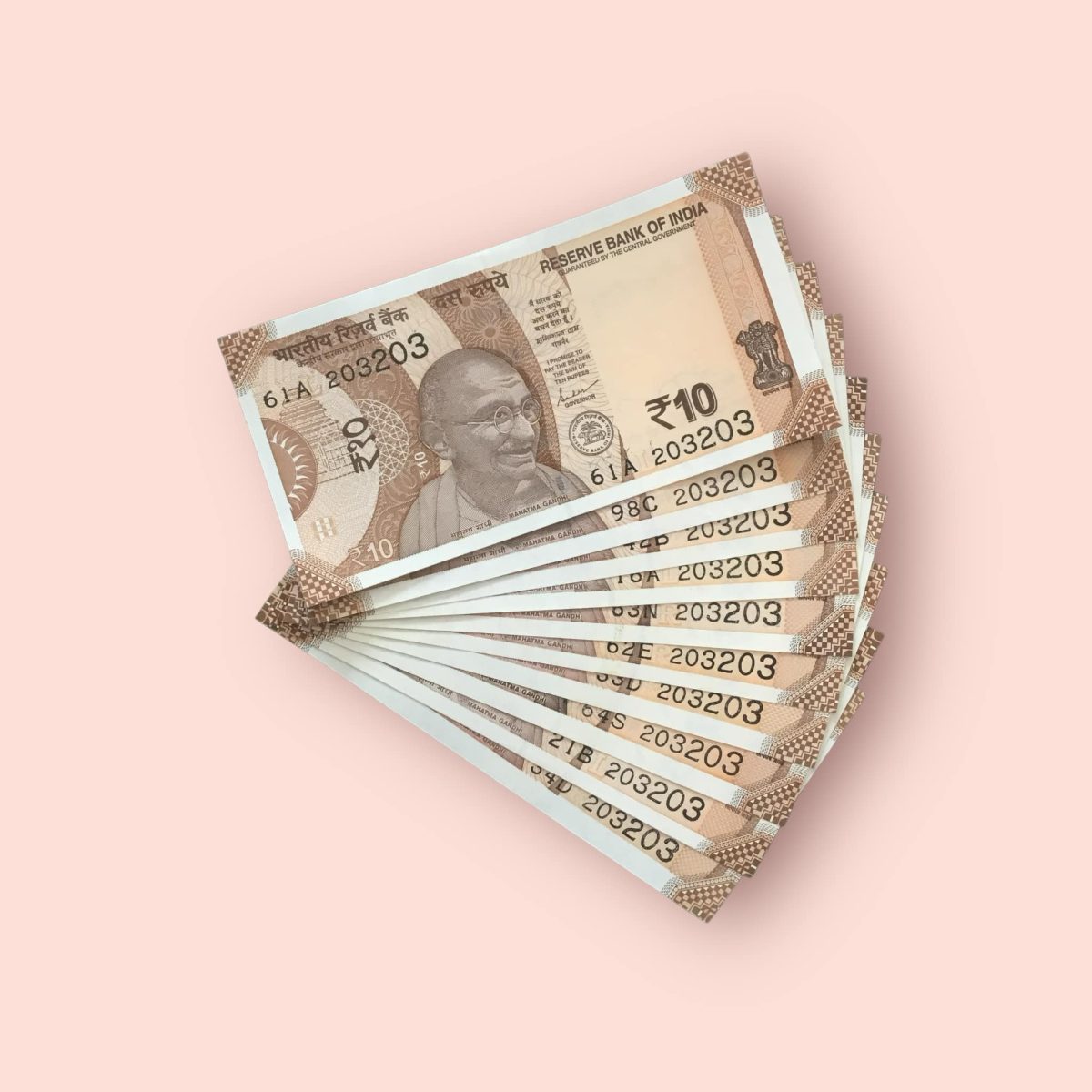 RS 10/- INDIA BANK NOTE SEMI FANCY 10 NOTE SAME NUMBER SET 203203 ...