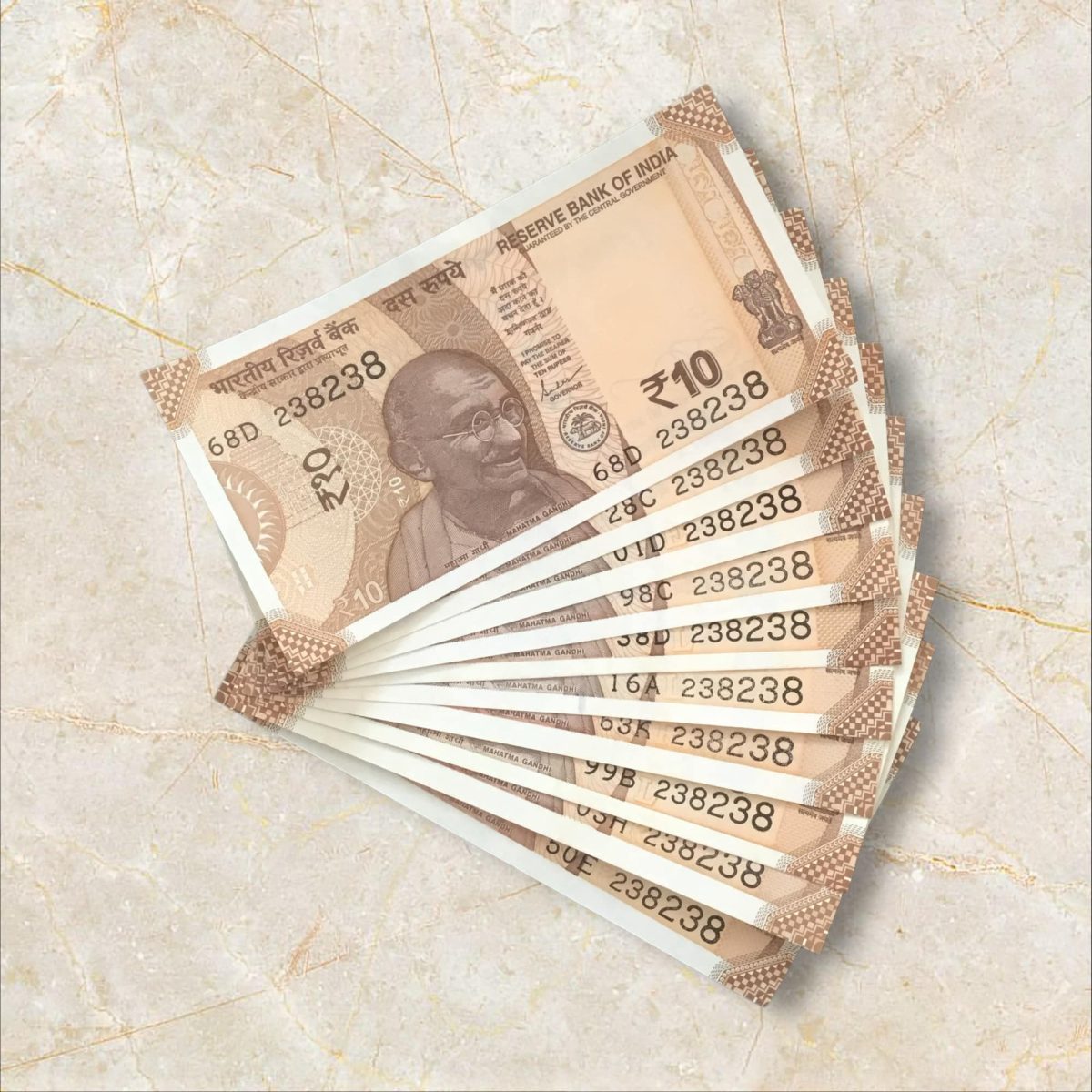 R 10 India Banknote Semi Fancy 10 Note Set Number 238238 Gem Unc Unique ...