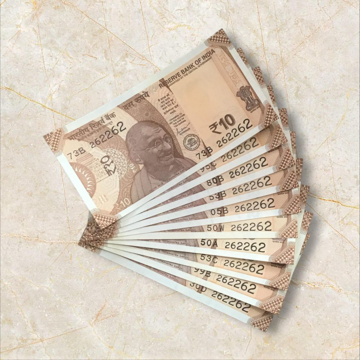 RS 10/- INDIA BANK NOTE SEMI FANCY 10 NOTE SAME NUMBER SET 262262 ...