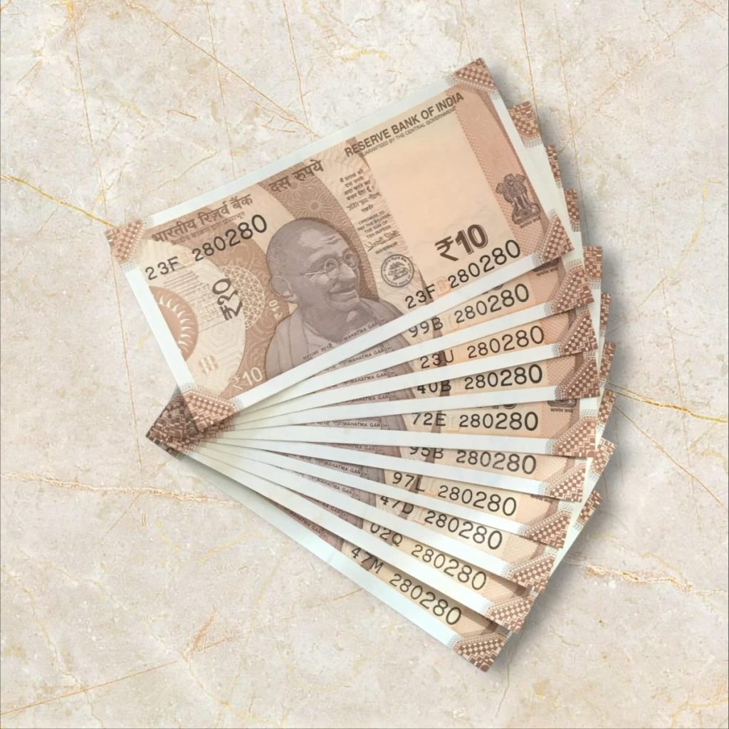 RS 10/- INDIA BANK NOTE SEMI FANCY 10 NOTE SAME NUMBER SET 280280 ...