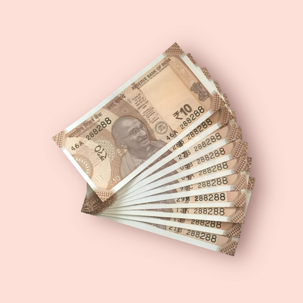 RS 10/- INDIA BANK NOTE SEMI FANCY 10 NOTE SAME NUMBER SET 288288 UNIQUE AND RARE - Coinbazzar.com