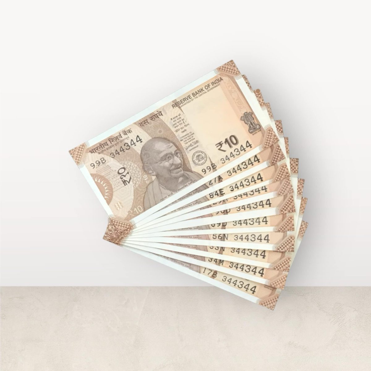 RS 10/- INDIA BANK NOTE SEMI FANCY 10 NOTE SAME NUMBER SET 344344 ...