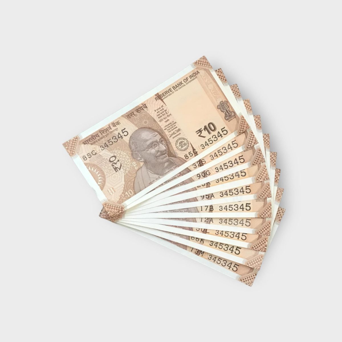 RS 10/- INDIA BANK NOTE SEMI FANCY 10 NOTE SAME NUMBER SET 345345 ...