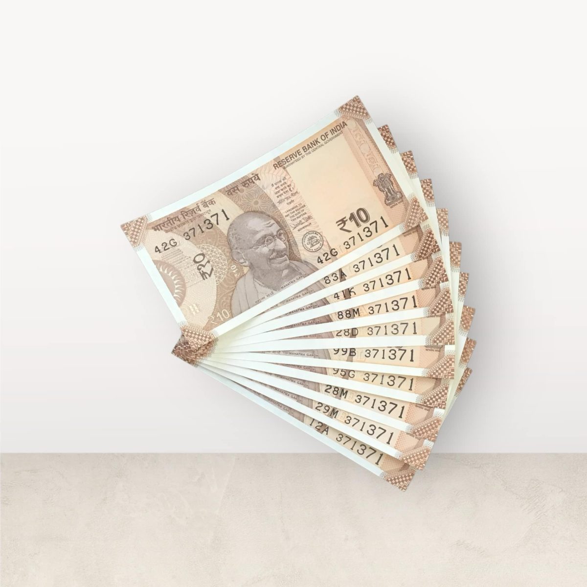RS 10/- INDIA BANK NOTE SEMI FANCY 10 NOTE SAME NUMBER SET 371371 ...