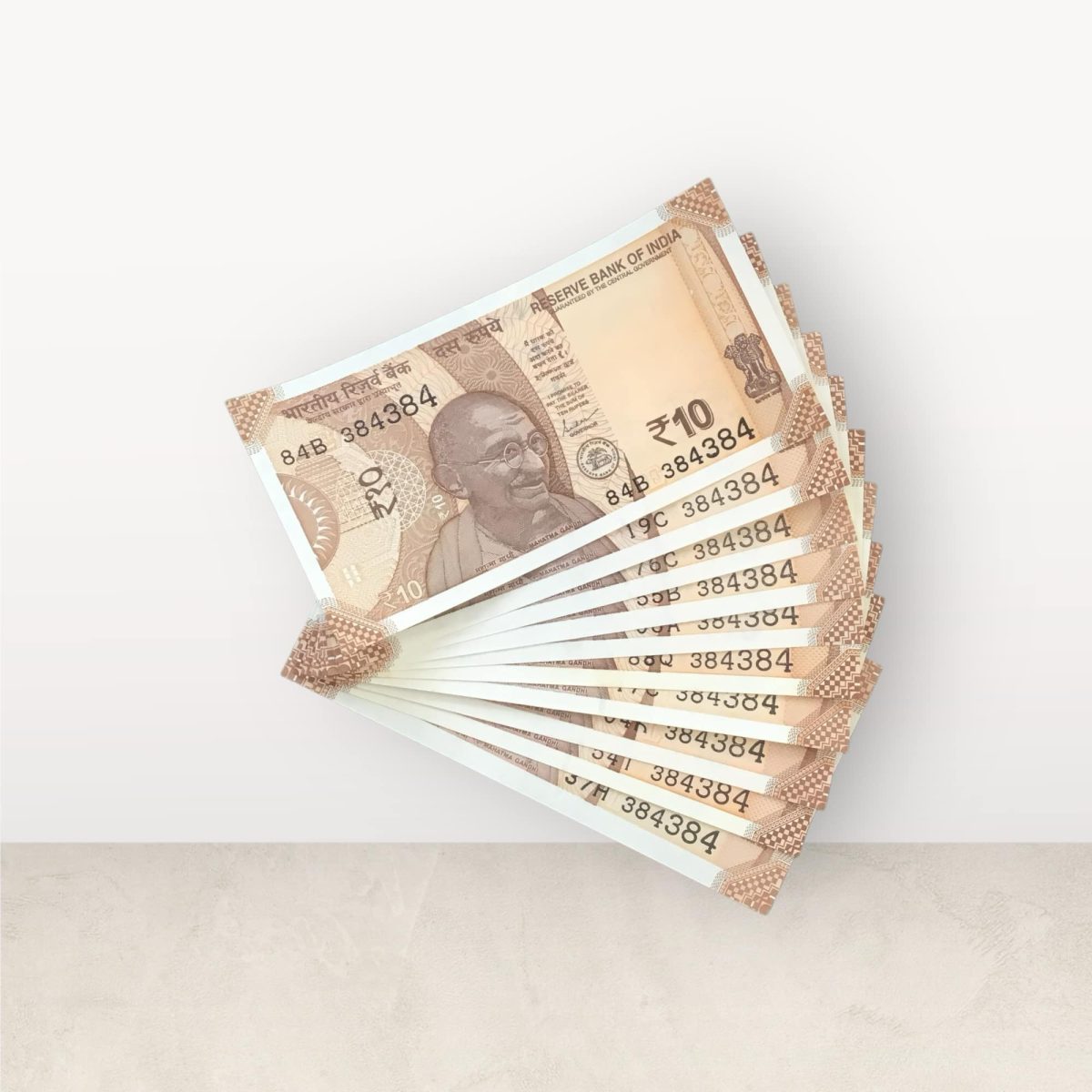 RS 10/- INDIA BANK NOTE SEMI FANCY 10 NOTE SAME NUMBER SET 384384 UNIQUE AND RARE - Coinbazzar.com