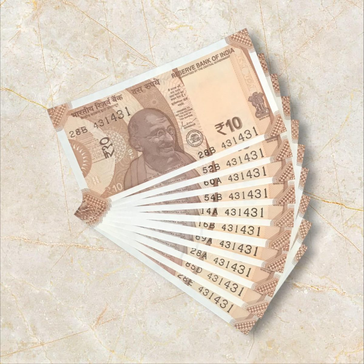 RS 10/- INDIA BANK NOTE SEMI FANCY 10 NOTE SAME NUMBER SET 431431 UNIQUE AND RARE - Coinbazzar.com