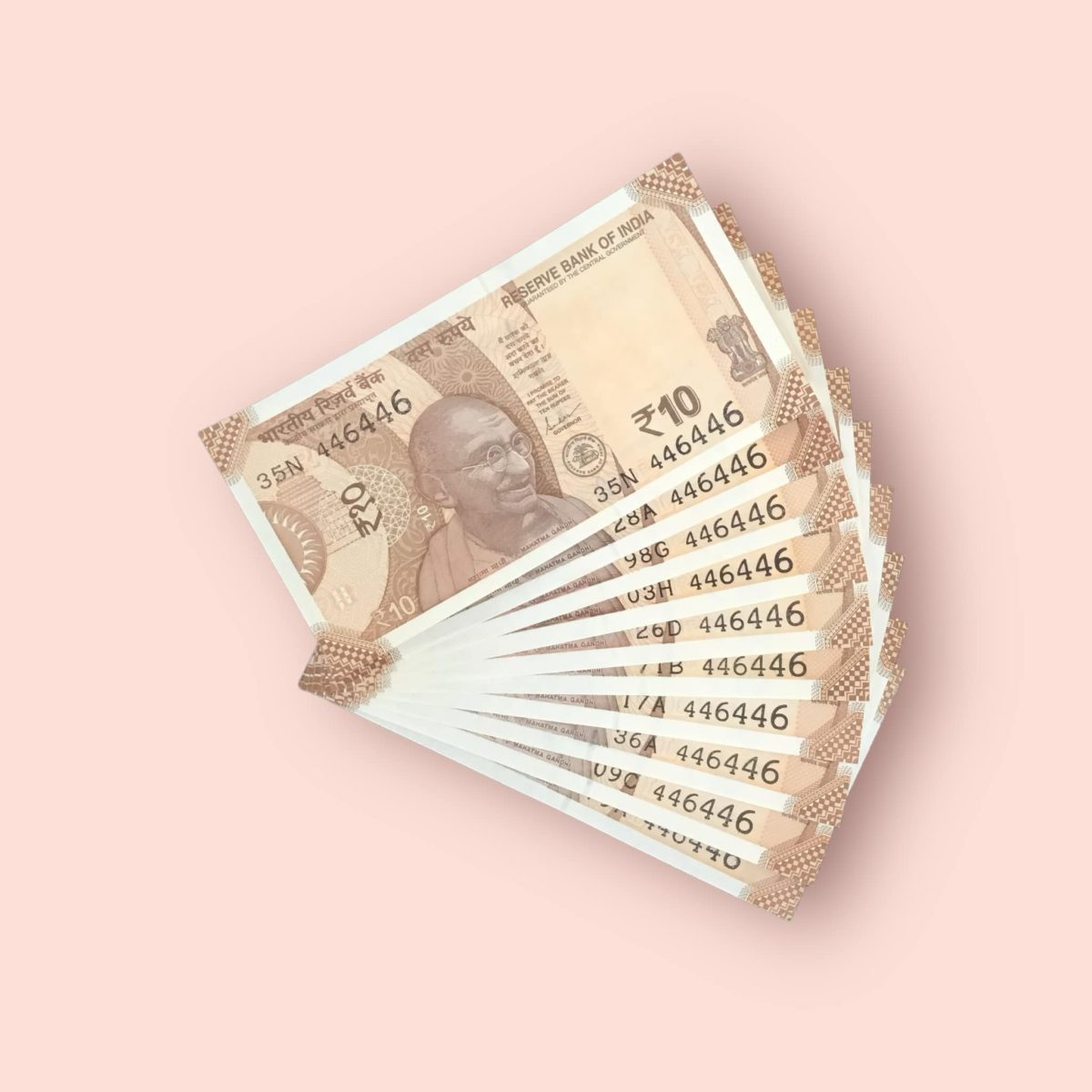 RS 10/- INDIA BANK NOTE SEMI FANCY 10 NOTE SAME NUMBER SET 446446 UNIQUE AND RARE - Coinbazzar.com