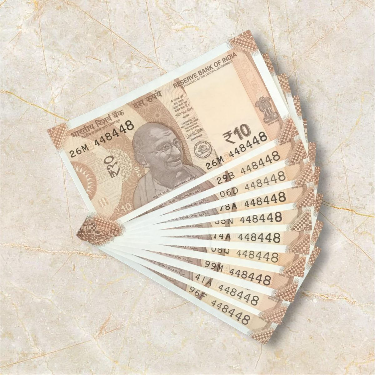 RS 10/- INDIA BANK NOTE SEMI FANCY 10 NOTE SAME NUMBER SET 448448 ...