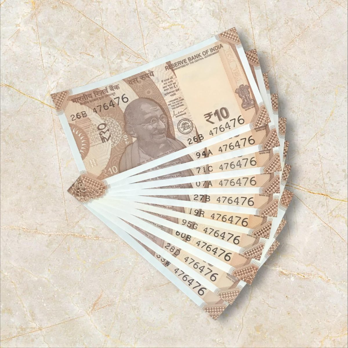 RS 10/- INDIA BANK NOTE SEMI FANCY 10 NOTE SAME NUMBER SET 476476 ...