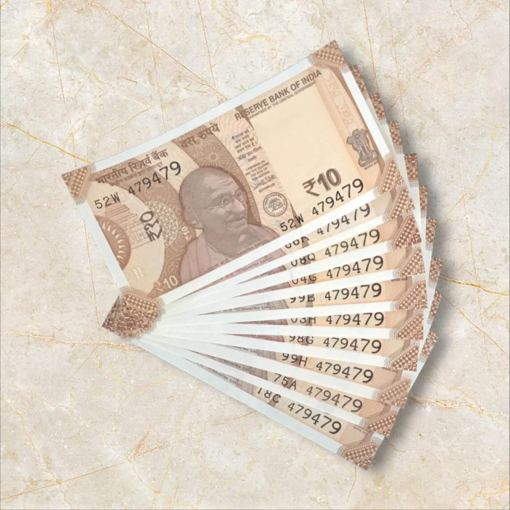 RS 10/- INDIA BANK NOTE SEMI FANCY 10 NOTE SAME NUMBER SET 479479 ...