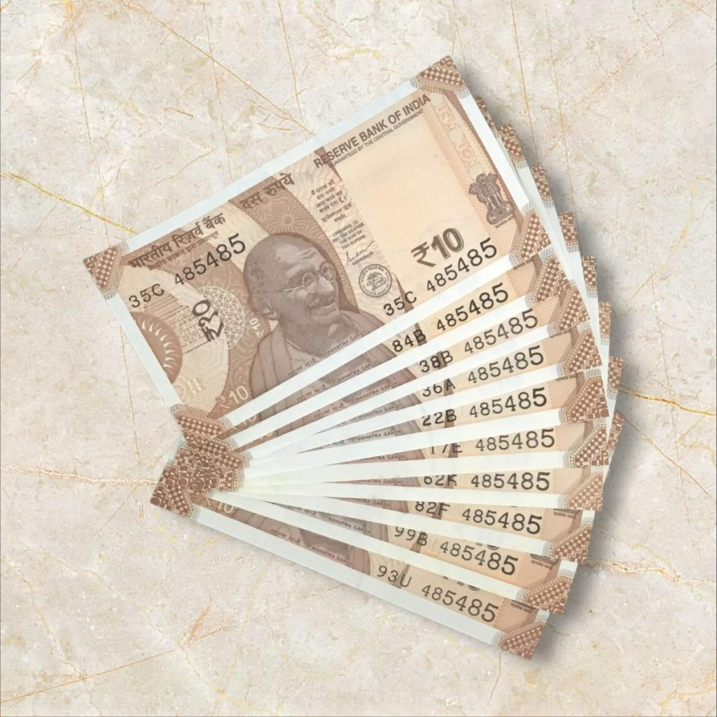 RS 10/- INDIA BANK NOTE SEMI FANCY 10 NOTE SAME NUMBER SET 485485 ...