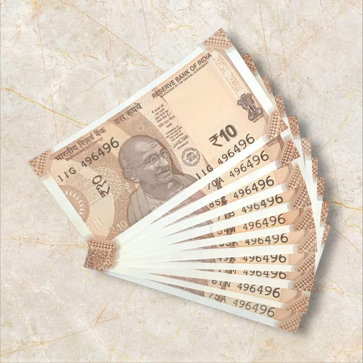 RS 10/- INDIA BANK NOTE SEMI FANCY 10 NOTE SAME NUMBER SET 496496 ...