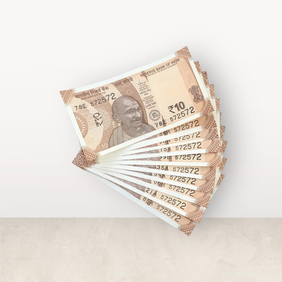 RS 10/- INDIA BANK NOTE SEMI FANCY 10 NOTE SAME NUMBER SET 572572 ...