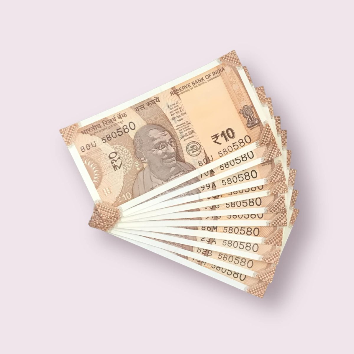 RS 10/- INDIA BANK NOTE SEMI FANCY 10 NOTE SAME NUMBER SET 580580 UNIQUE AND RARE - Coinbazzar.com