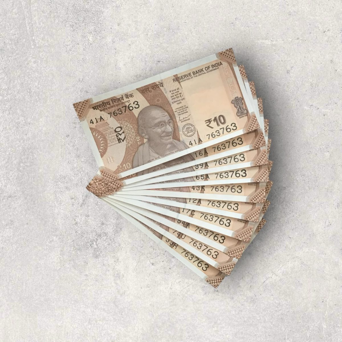 RS 10/- INDIA BANK NOTE SEMI FANCY 10 NOTE SAME NUMBER SET 763763 ...