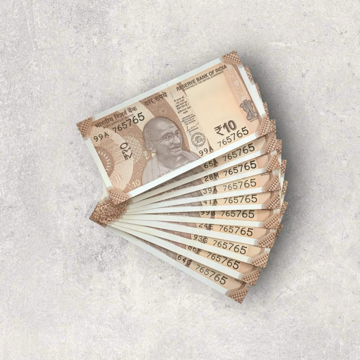R 10 India Banknote Semi Fancy 10 Note Set Number 765765 Gem Unc Unique ...