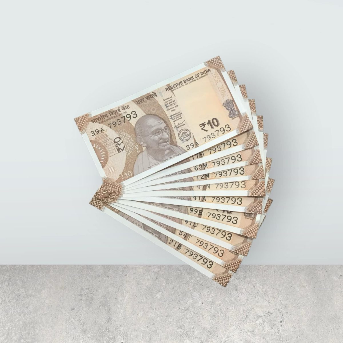RS 10/- INDIA BANK NOTE SEMI FANCY 10 NOTE SAME NUMBER SET 793793 UNIQUE AND RARE - Coinbazzar.com