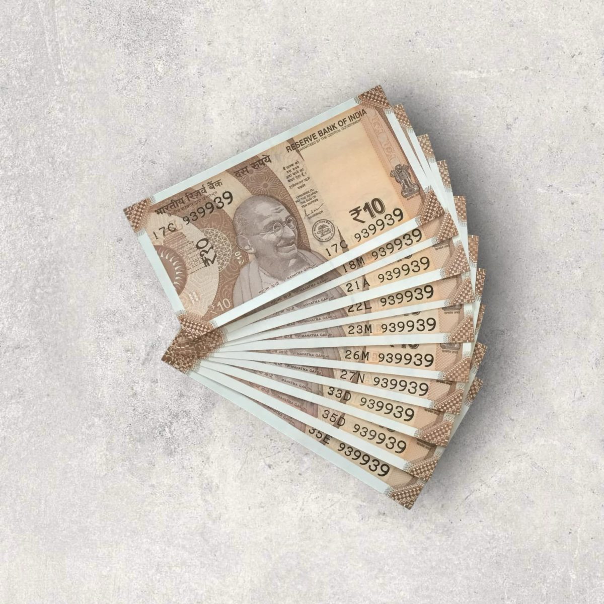 RS 10/- INDIA BANK NOTE SEMI FANCY 10 NOTE SAME NUMBER SET 939939 ...