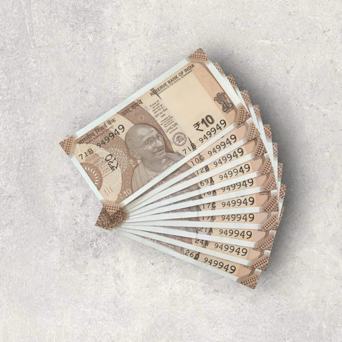 RS 10/- INDIA BANK NOTE SEMI FANCY 10 NOTE SAME NUMBER SET 949949 UNIQUE AND RARE - Coinbazzar.com