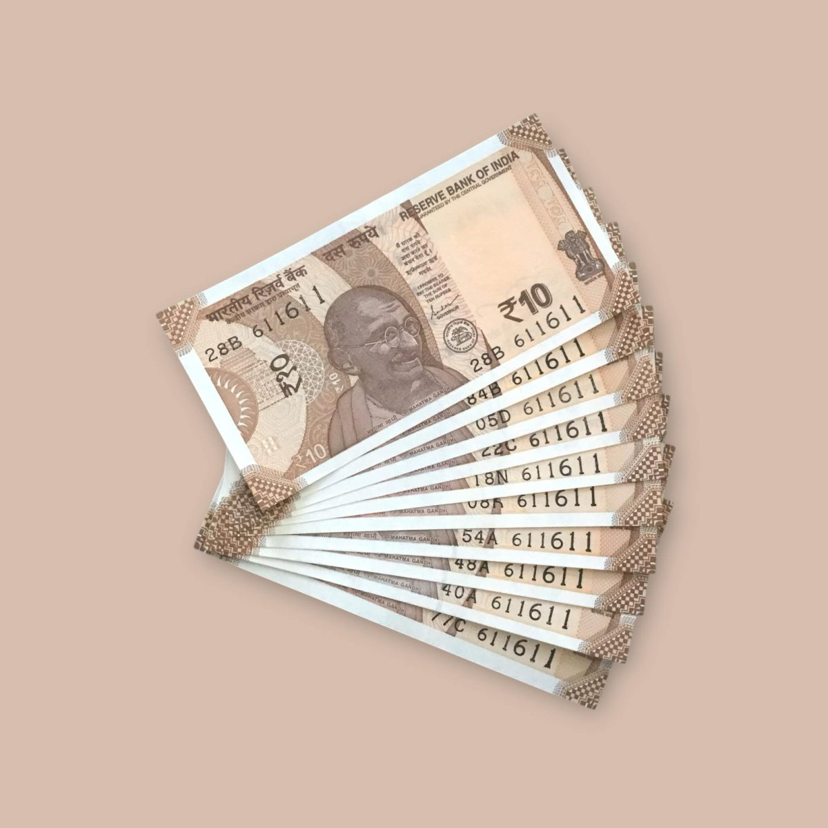 RS 10/- INDIA BANK NOTE SEMI FANCY 10 NOTE SAME NUMBER SET 611611 ...