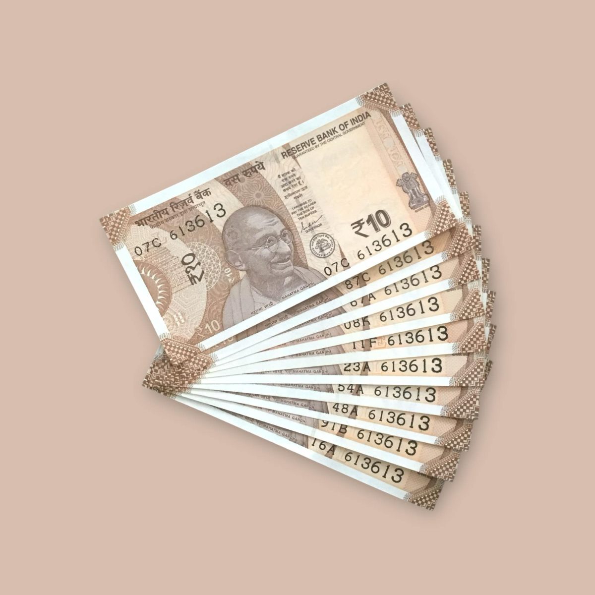 RS 10/- INDIA BANK NOTE SEMI FANCY 10 NOTE SAME NUMBER SET 613613 ...
