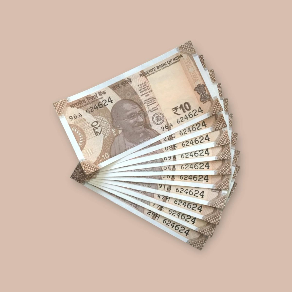 RS 10/- INDIA BANK NOTE SEMI FANCY 10 NOTE SAME NUMBER SET 624624 UNIQUE AND RARE - Coinbazzar.com