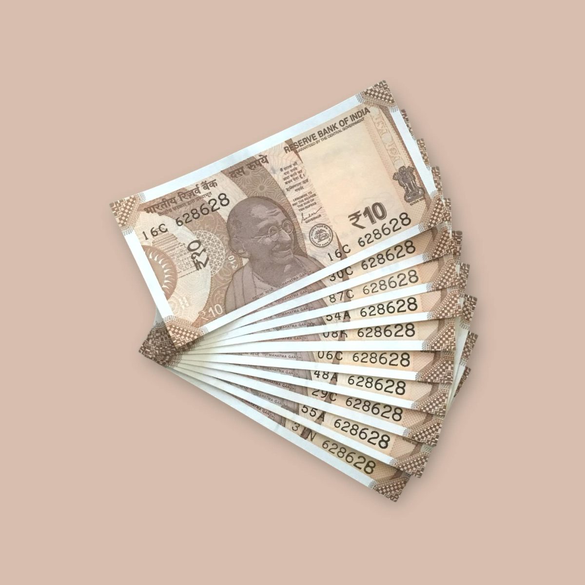 RS 10/- INDIA BANK NOTE SEMI FANCY 10 NOTE SAME NUMBER SET 628628 UNIQUE AND RARE - Coinbazzar.com