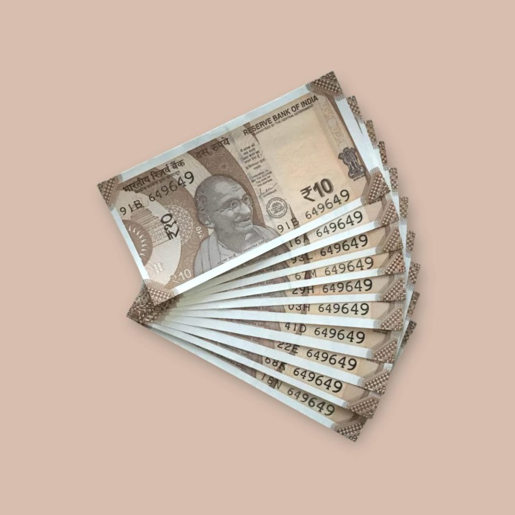 RS 10/- INDIA BANK NOTE SEMI FANCY 10 NOTE SAME NUMBER SET 649649 ...