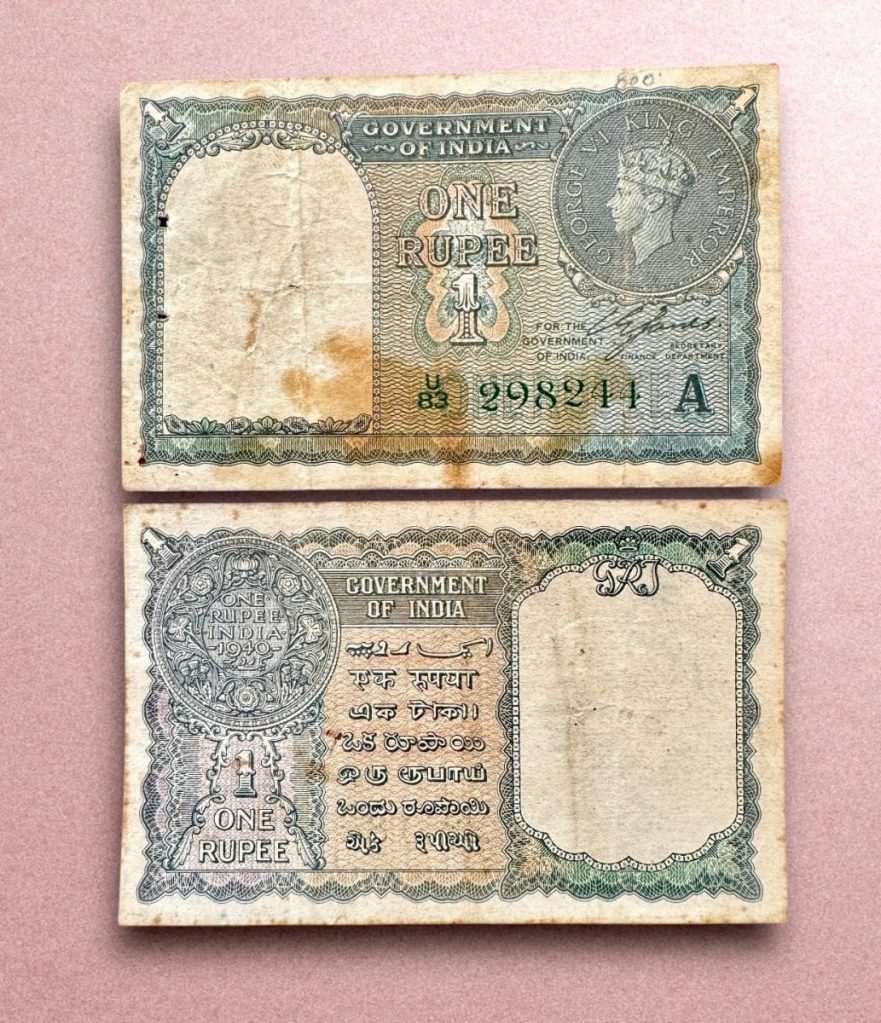Re 1 British India Banknote 1940 Series Black Series King George VI ...