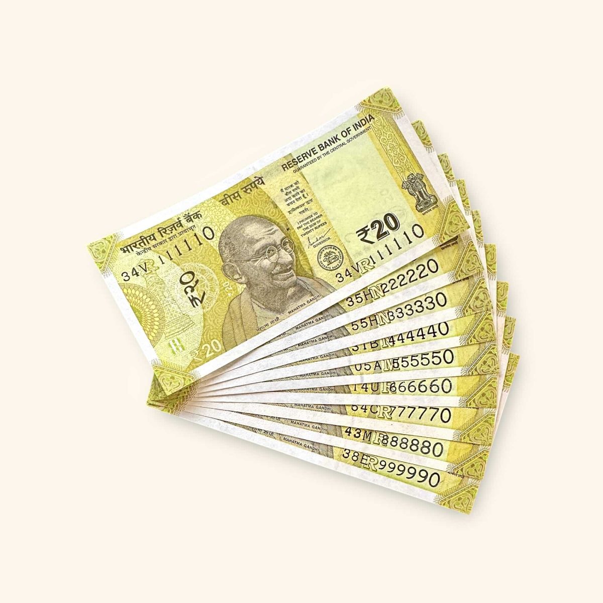 Rs 20 India Banknote Fancy Number Set 111110 till 999990 Gem Unc Very ...