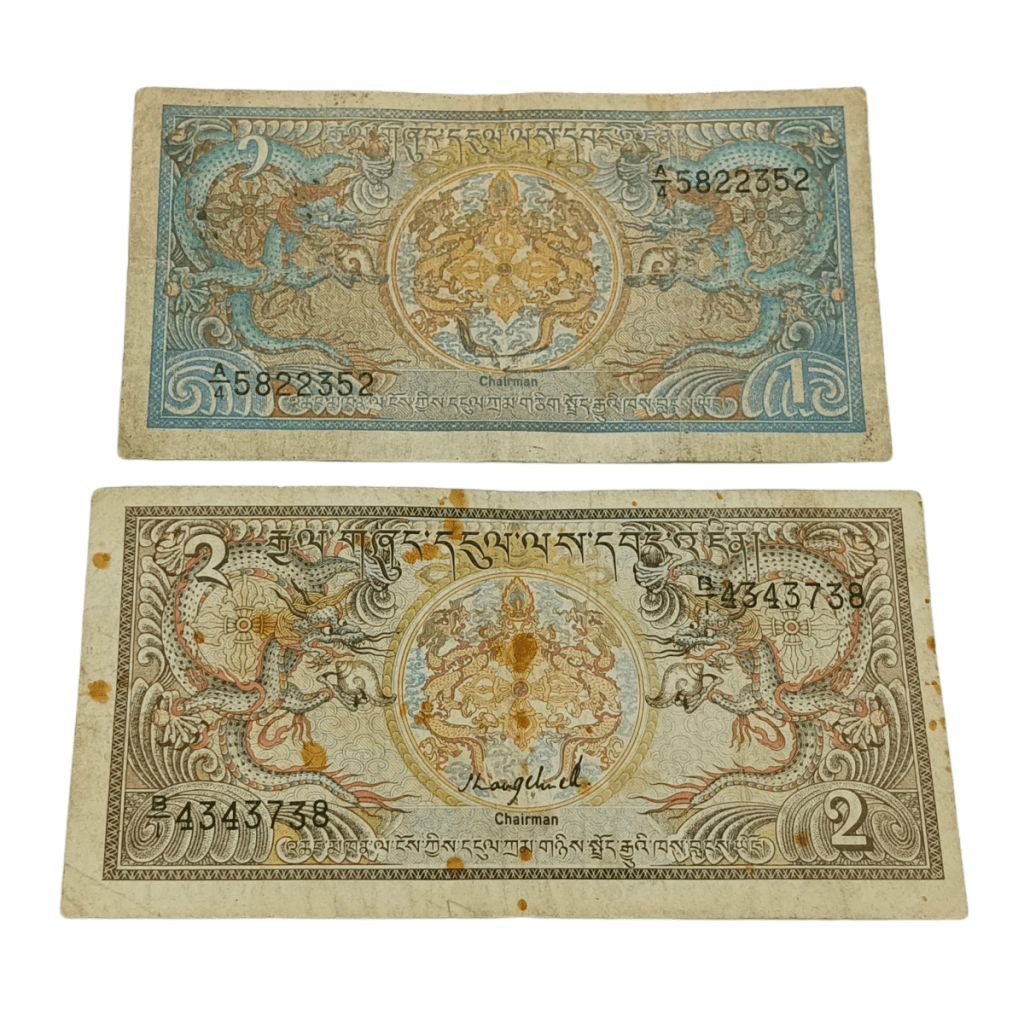 BHUTAN Old Series 1 NGULTRUM and 2 NGULTRUM Set 2 Notes **SCARE ...