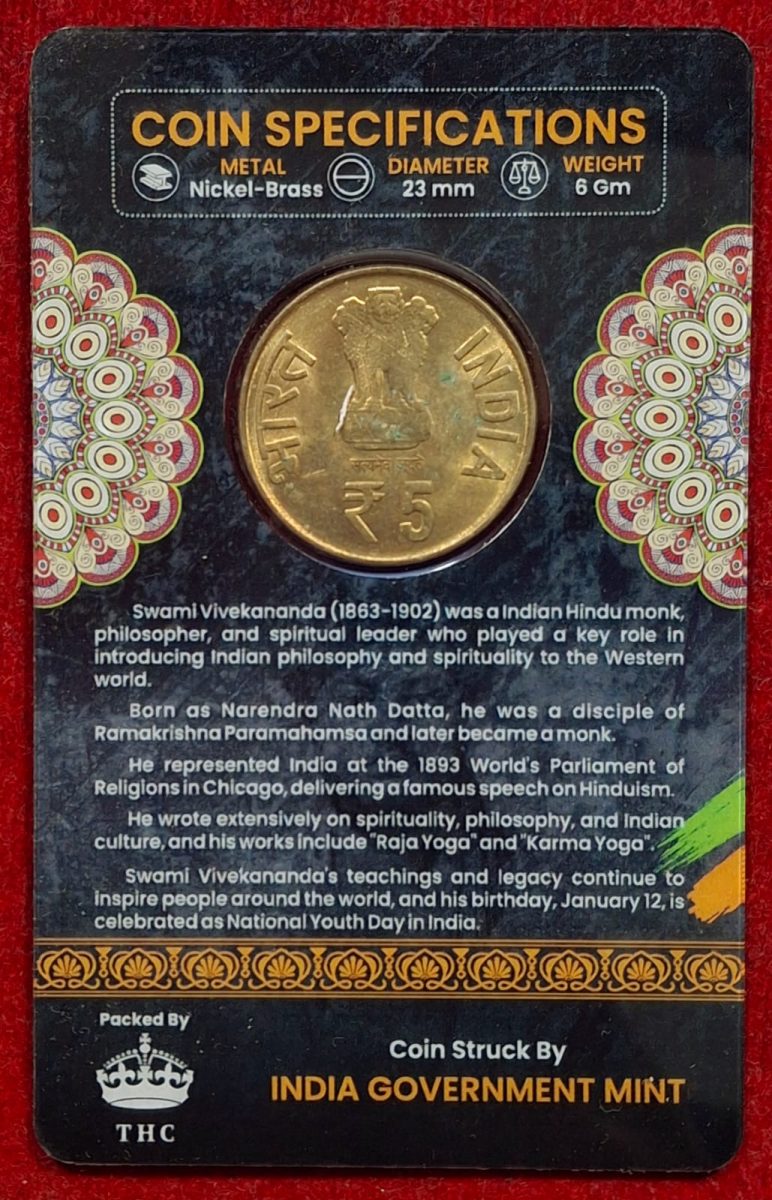 5 Rs. 150TH BIRTH ANNIVERSARY OF SWAMI VIVEKANANDA rare Commemorative ...