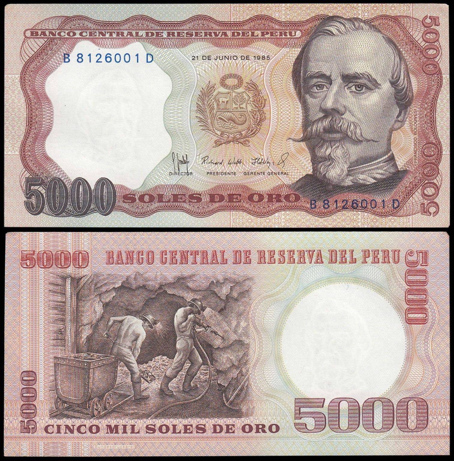Peru 5000 Soles de Oro Banknote 1985 P117c UNC Unique and Rare ...